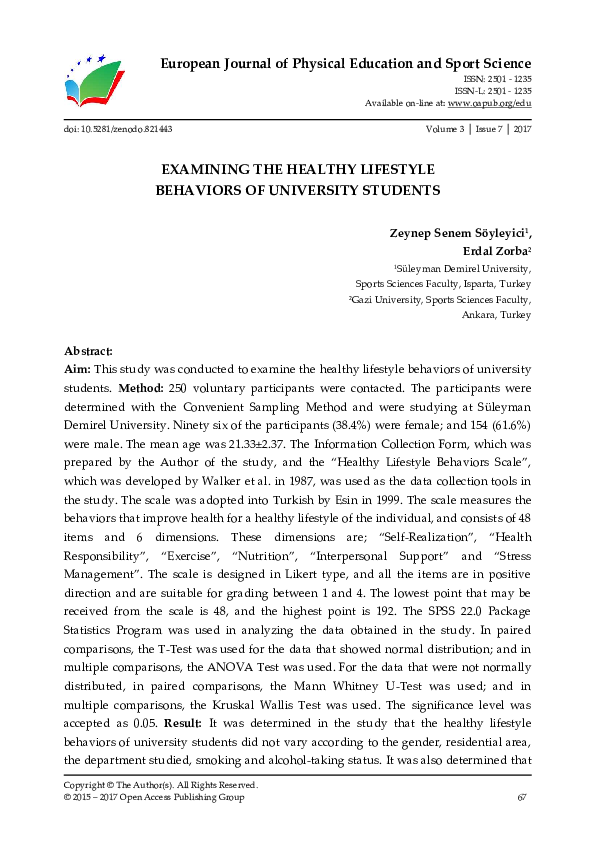 (PDF) EXAMINING THE HEALTHY LIFESTYLE BEHAVIORS OF UNIVERSITY STUDENTS