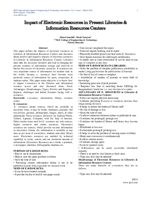 (PDF) Impact of Electronic Resources in Present Libraries & Information ...