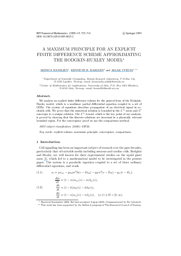 Pdf A Maximum Principle For An Explicit Finite Difference Scheme Approximating The Hodgkin