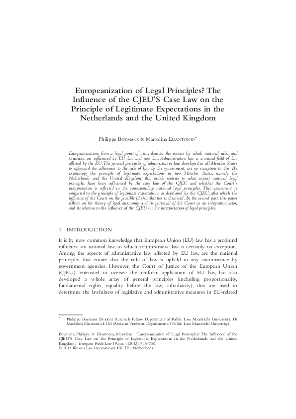 Pdf Europeanisation Of Legal Principles The Influence Of The Cjeus Case Law On The Principle