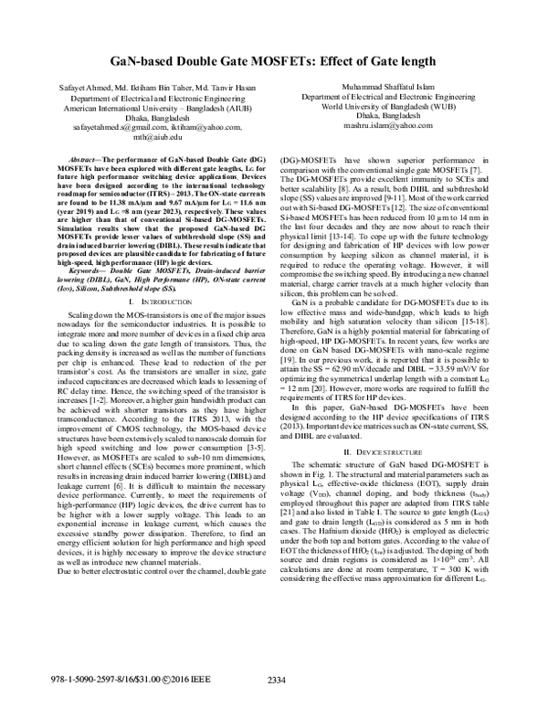 (PDF) GaN-based Double Gate MOSFETs: Effect of Gate length