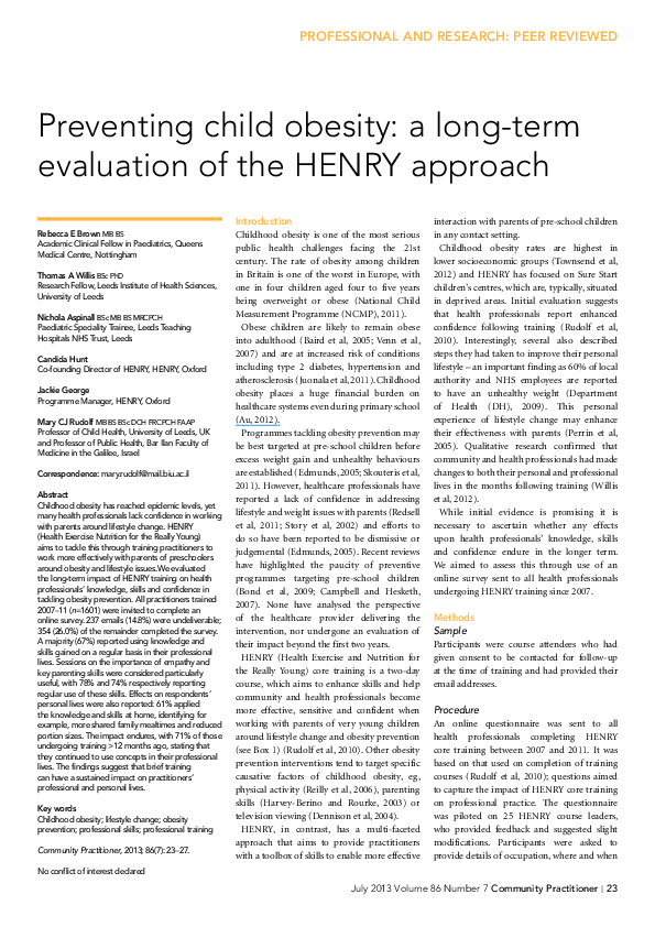 (PDF) Preventing child obesity: a long-term evaluation of the HENRY ...