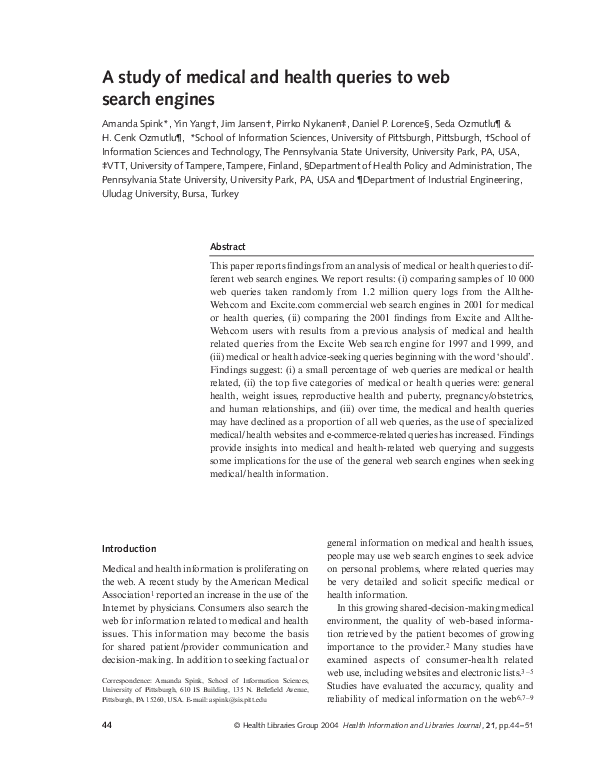(PDF) A study of medical and health queries to web search engines