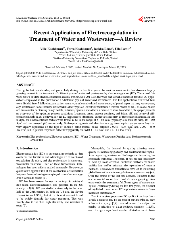 (PDF) A comprehensive review of electrocoagulation for water treatment: Potentials and ...