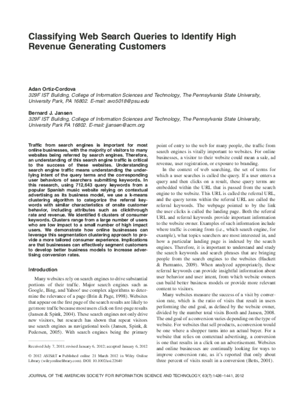 (PDF) Classifying web search queries to identify high revenue generating customers