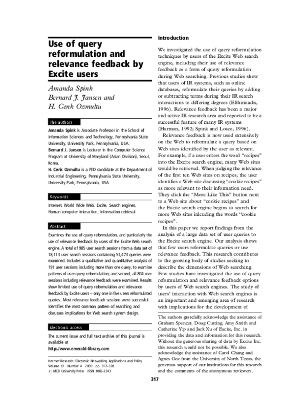 (PDF) Use of query reformulation and relevance feedback by Excite users