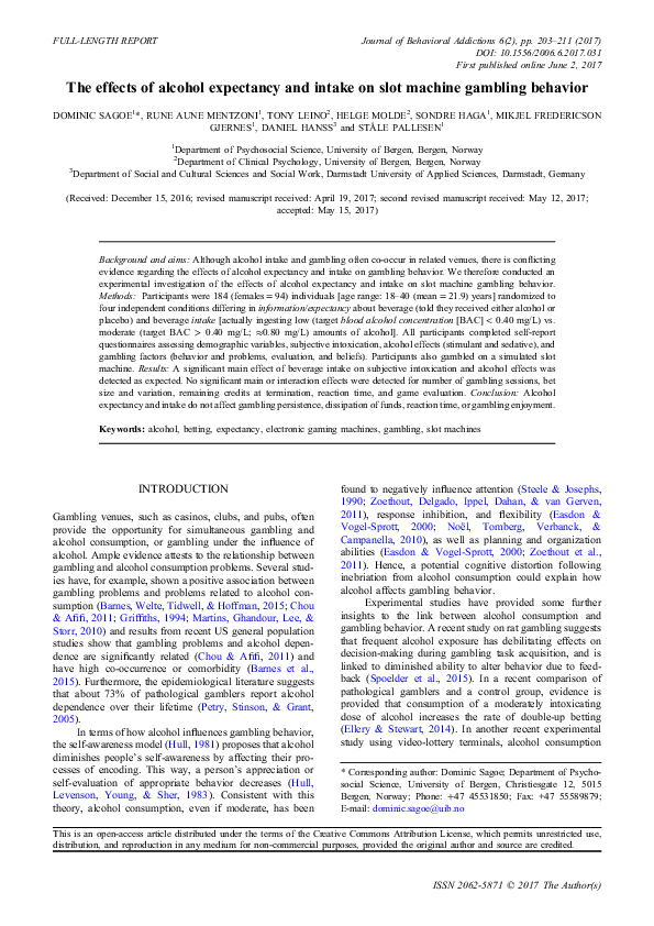 (PDF) The effects of alcohol expectancy and intake on slot machine ...
