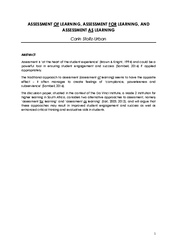 (DOC) ASSESSMENT OF LEARNING, ASSESSMENT FOR LEARNING, AND ASSESSMENT ...
