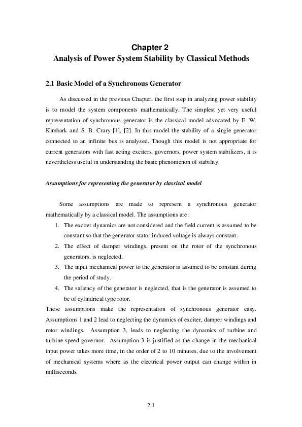 (PDF) Chapter 2 Analysis of Power System Stability by Classical Methods 2.1 Basic Model of a ...