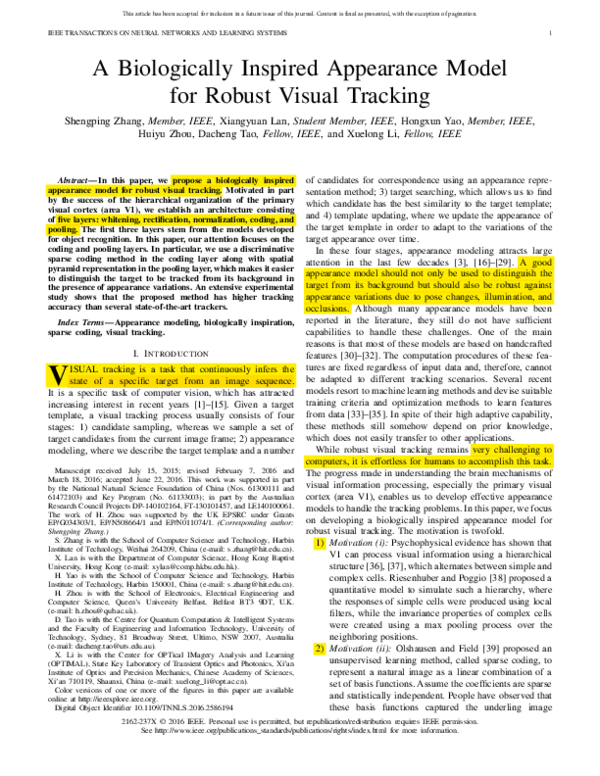 (PDF) A Biologically Inspired Appearance Model for Robust Visual Tracking