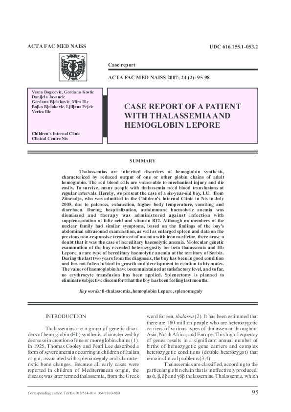 (PDF) Case Report Ofa Patient with Thalassemiaand Hemoglobin Lepore