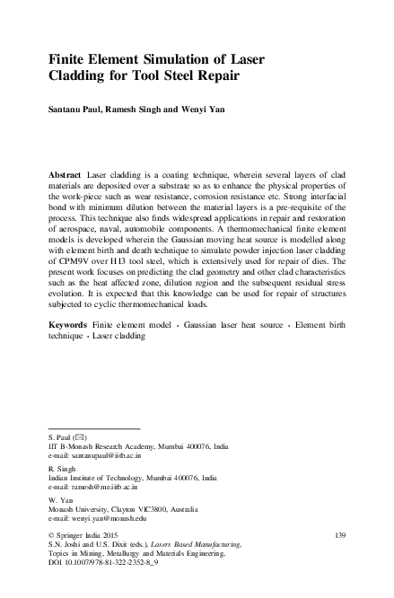 (PDF) Finite Element Simulation of Laser Cladding for Tool Steel Repair