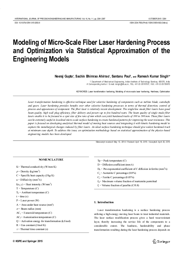 (PDF) Modeling of Micro-Scale Fiber Laser Hardening Process and Optimization via Statistical ...