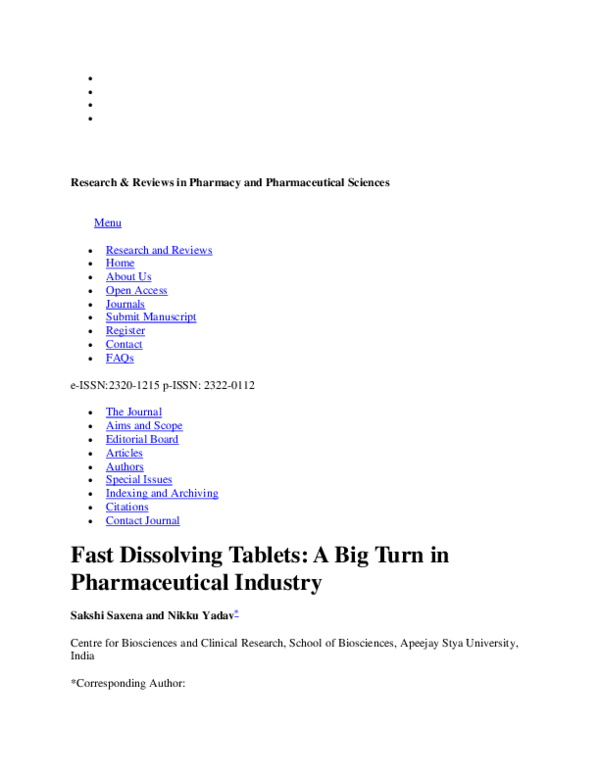(DOC) Fast Dissolving Tablets: A Big Turn in Pharmaceutical Industry