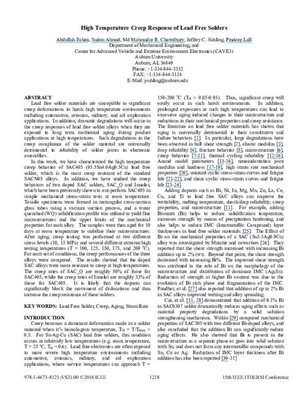 (PDF) High Temperature Creep Response of Lead Free Solders