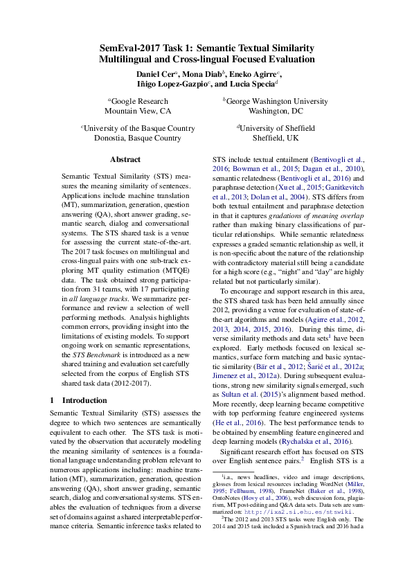 (PDF) SemEval-2017 Task 1: Semantic Textual Similarity Multilingual and Cross-lingual Focused ...