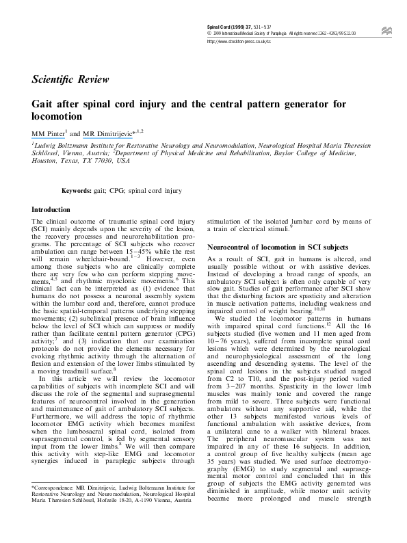 (PDF) Gait after spinal cord injury and the central pattern generator ...