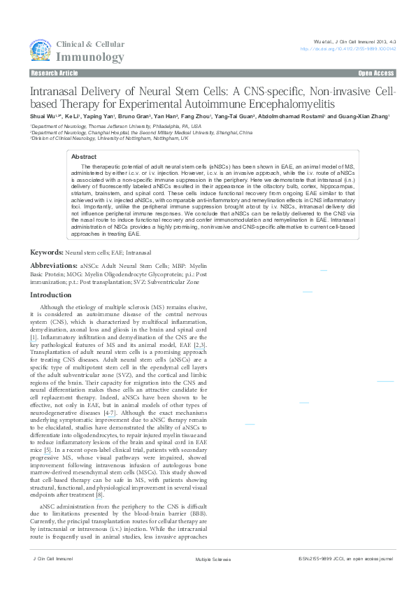(PDF) Intranasal Delivery of Neural Stem Cells: A CNS-specific, Non ...