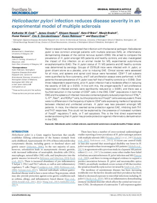 (PDF) Helicobacter pylori infection reduces disease severity in an experimental model of ...
