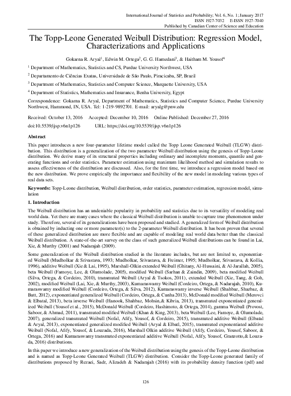 Pdf The Topp Leone Generated Weibull Distribution Regression Model Characterizations And
