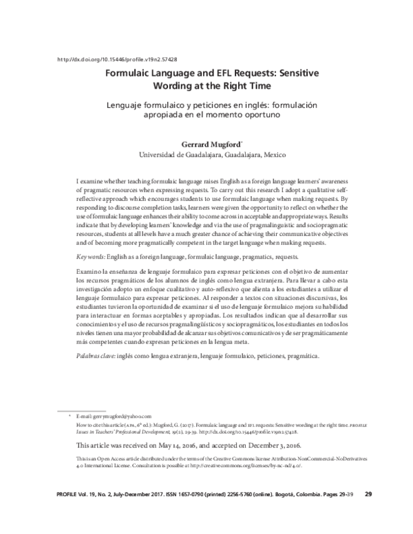 (PDF) Formulaic Language and EFL Requests: Sensitive Wording at the ...