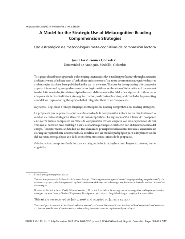 Pdf A Model For The Strategic Use Of Metacognitive Reading