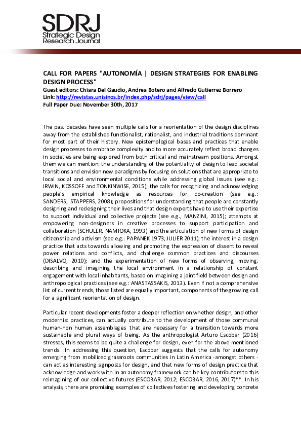 (PDF) Strategic Design Research Journal | Call for Papers | Autonomía ...