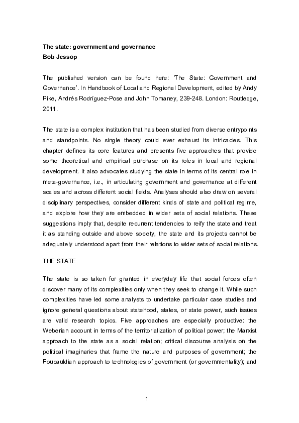 (PDF) The state: government and governance (In Handbook of local and ...