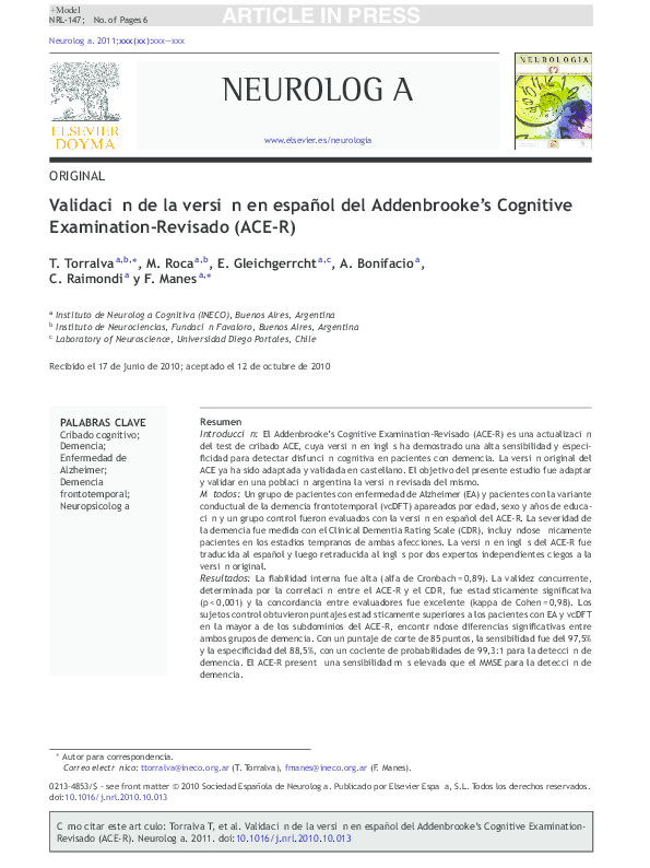 (PDF) Validación de la versión en español del Addenbrooke's Cognitive ...