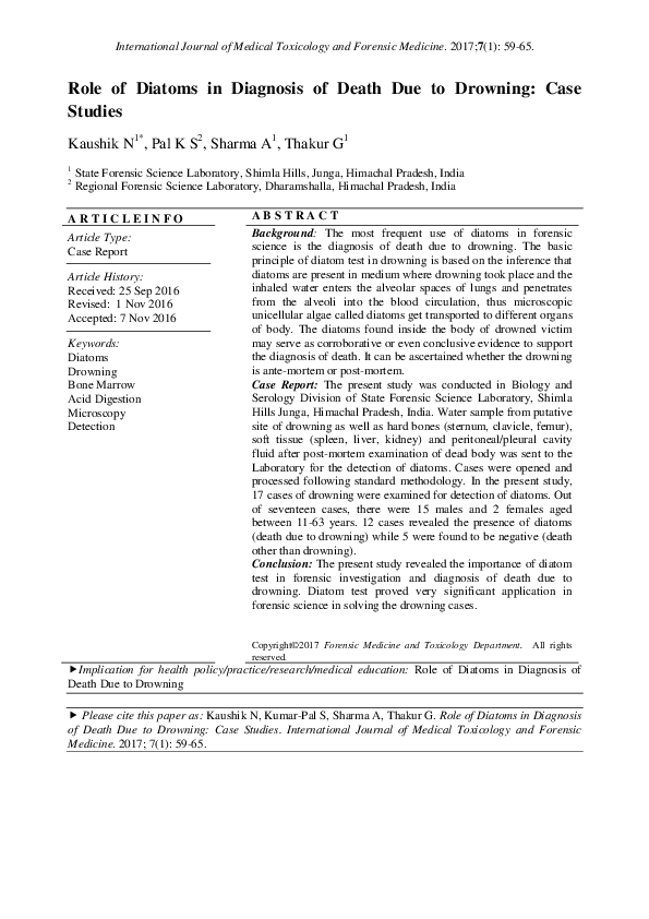 (PDF) Role of Diatoms in Diagnosis of Death Due to Drowning: Case Studies