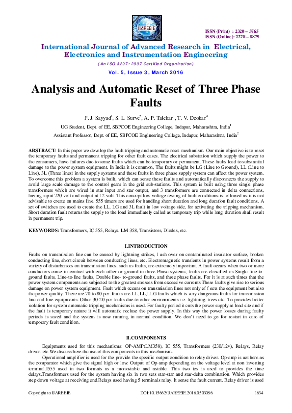 (PDF) Analysis and Automatic Reset of Three Phase Faults