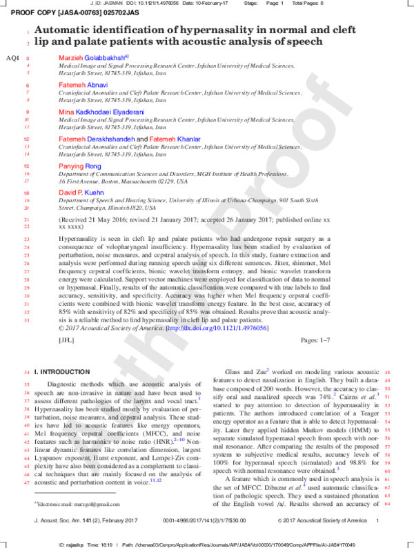 (PDF) Automatic identification of hypernasality in normal and cleft 2 lip and palate patients ...