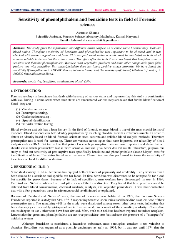 (PDF) Sensitivity of phenolphthalein and benzidine tests in field of ...