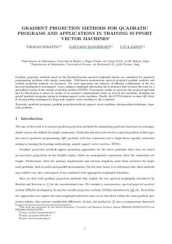 Pdf Gradient Projection Methods For Quadratic Programs And Applications In Training Support