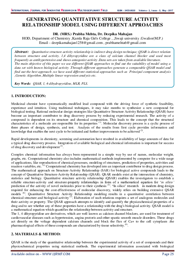 Pdf Generating Quantitative Structure Activity Relationship Model Using Different Approaches