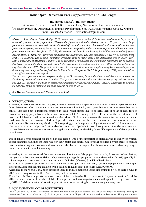 (PDF) India Open-Defecation Free: Opportunities and Challenges