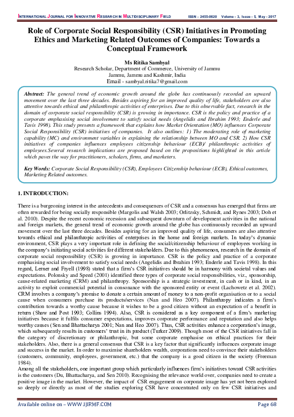 Pdf Role Of Corporate Social Responsibility Csr Initiatives In Promoting Ethics And