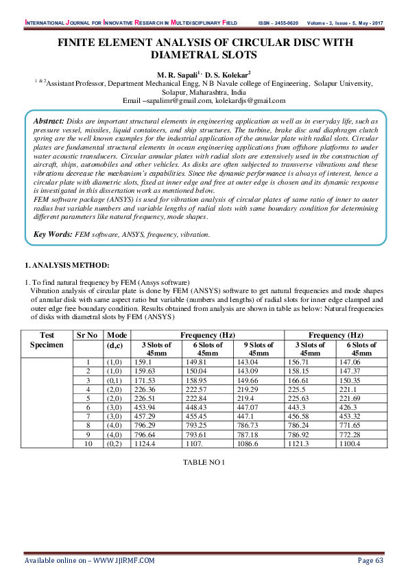 (PDF) FINITE ELEMENT ANALYSIS OF CIRCULAR DISC WITH DIAMETRAL SLOTS