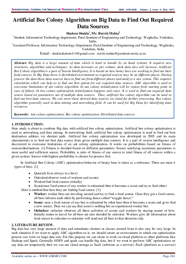 Pdf Artificial Bee Colony Algorithm On Big Data To Find Out Required
