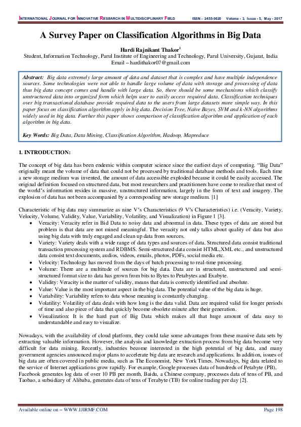(PDF) A Survey Paper on Classification Algorithms in Big Data