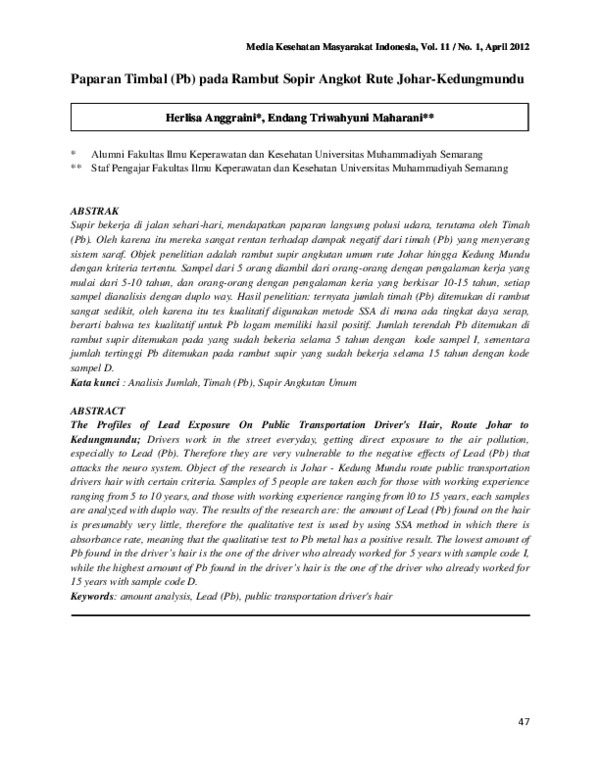 (PDF) Paparan Timbal (Pb) pada Rambut Sopir Angkot Rute Johar-Kedungmundu