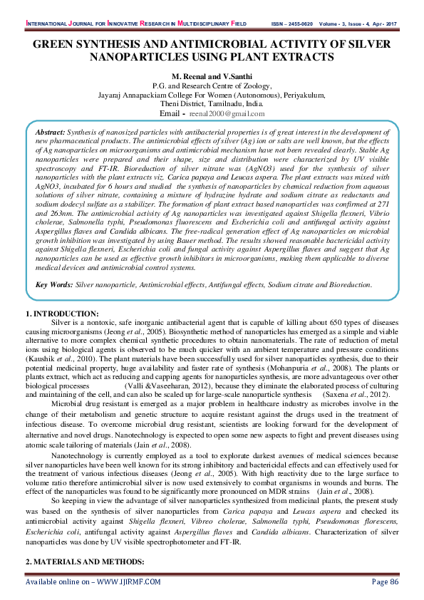 (PDF) GREEN SYNTHESIS AND ANTIMICROBIAL ACTIVITY OF SILVER ...