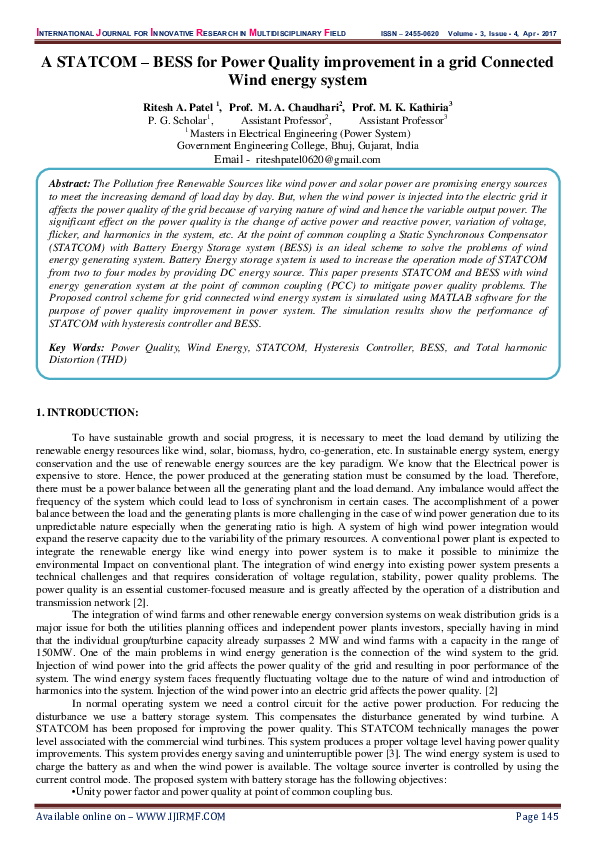 Pdf A Statcom Bess For Power Quality Improvement In A Grid Connected Wind Energy System 