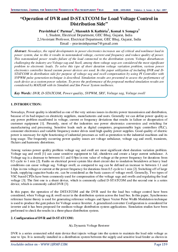 Pdf Operation Of Dvr And D Statcom For Load Voltage Control In Distribution Side”