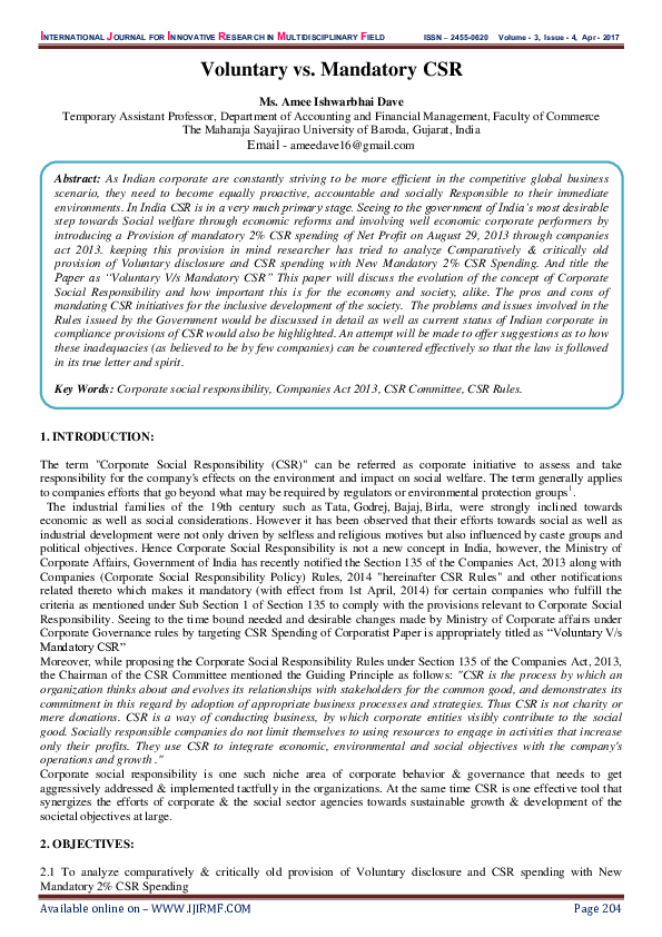 (PDF) Voluntary vs. Mandatory CSR