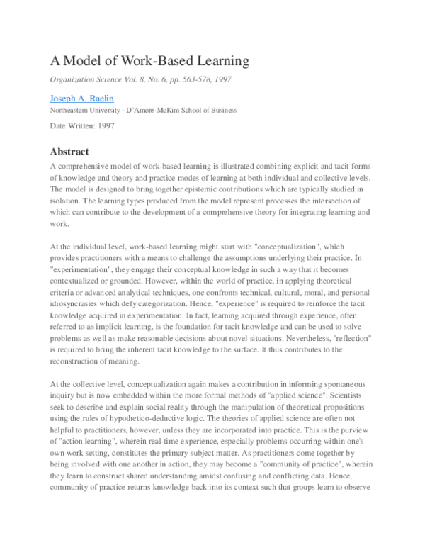 (PDF) A Model of Work-Based Learning