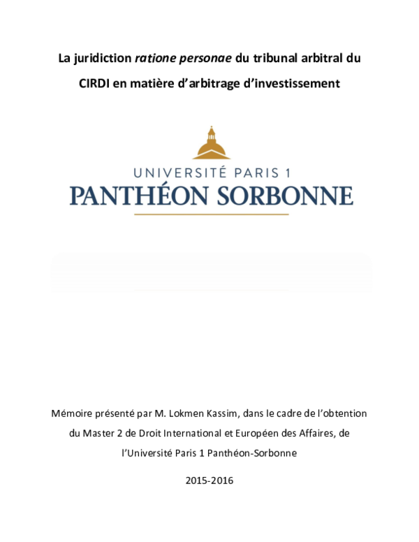 (PDF) La juridiction ratione personae du tribunal arbitral du CIRDI en ...