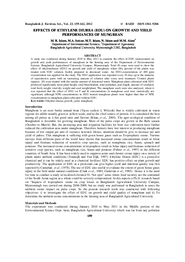 (PDF) EFFECTS OF ETHYLENE DIUREA (EDU) ON GROWTH AND YIELD PERFORMANCES ...
