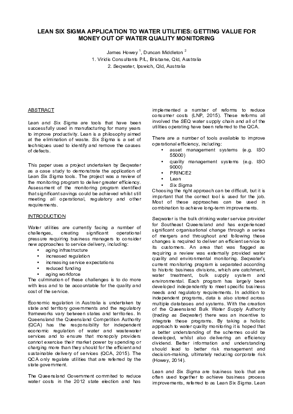(PDF) LEAN SIX SIGMA APPLICATION TO WATER UTILITIES: GETTING VALUE FOR ...