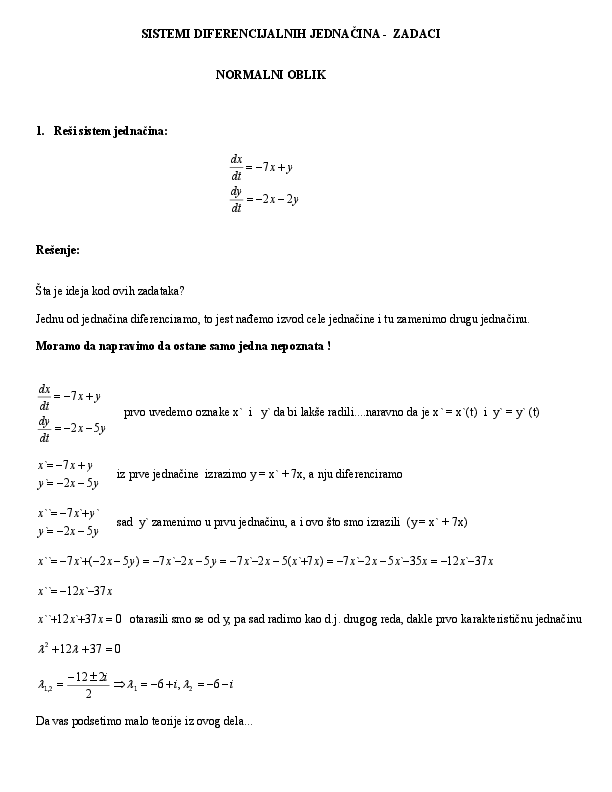 (PDF) SISTEMI DIFERENCIJALNIH JEDNAČINA -ZADACI NORMALNI OBLIK